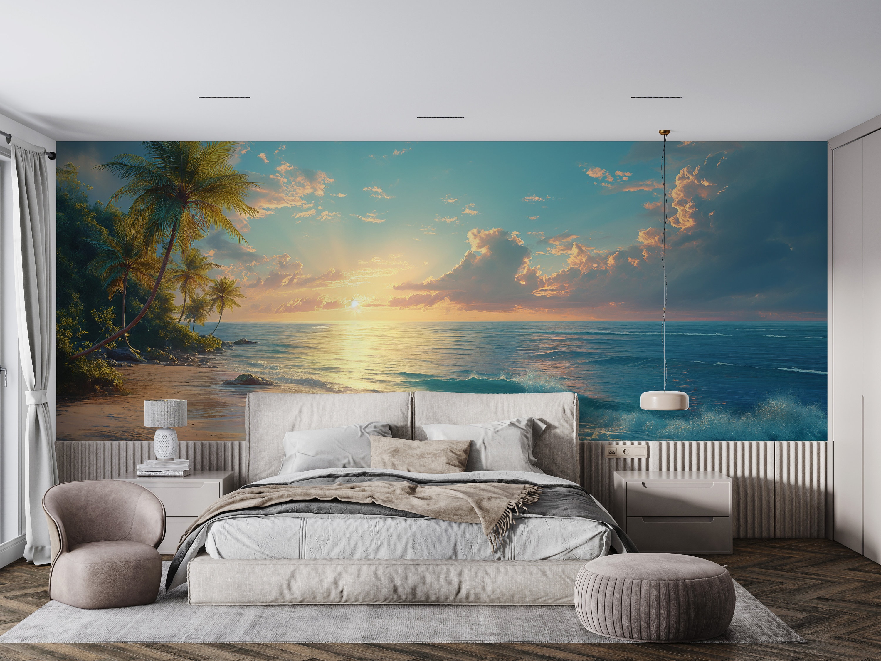 Palm Beach Mural, Ocean Wave Wallpaper, Sea Сoast Sunrise Peel & Stick ...
