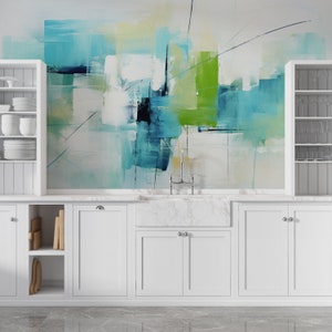 Abstract Art Mural Painting, Turquoise Blue Square Wallpaper, Elegant ...