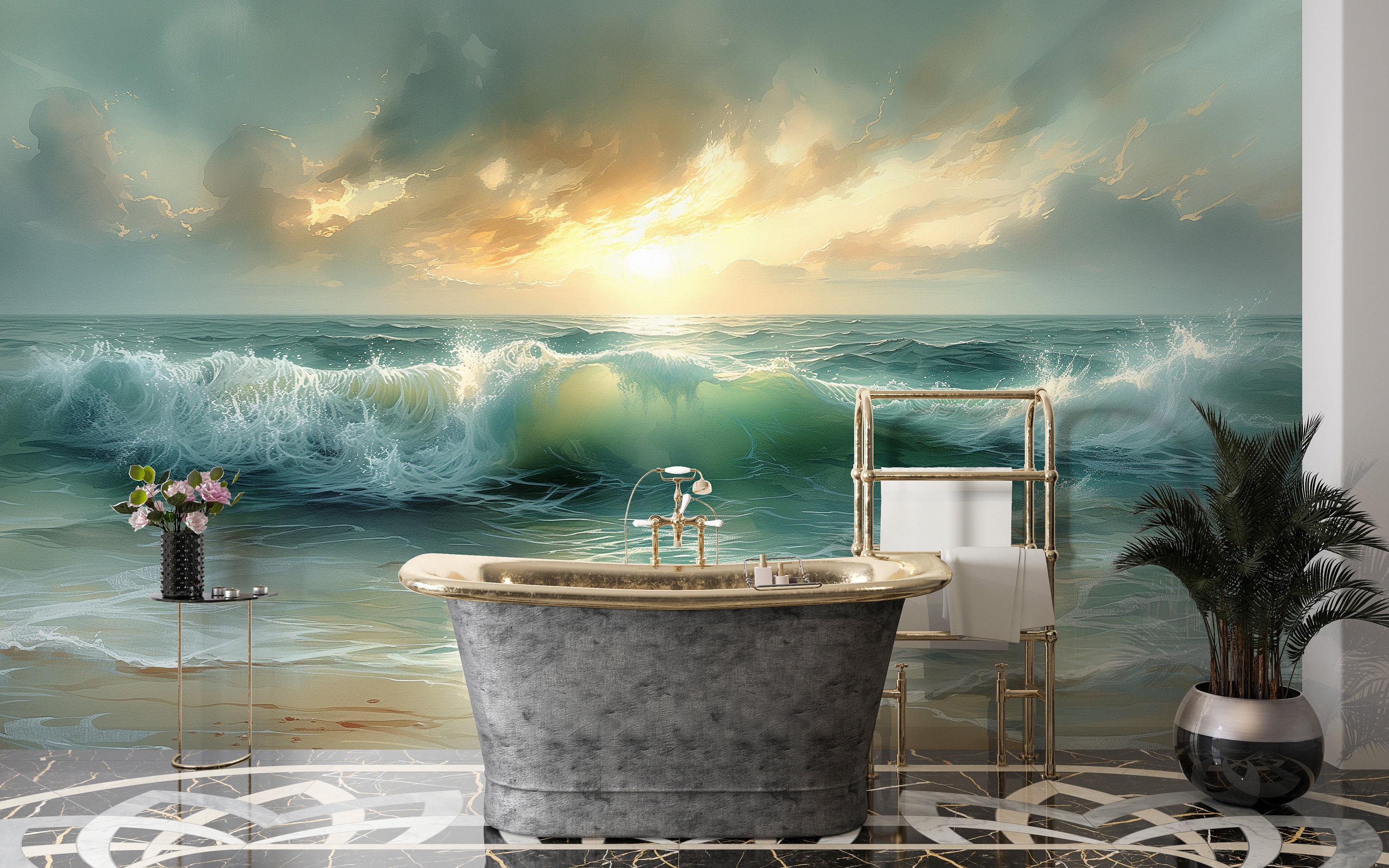 Beach Sea Wave Wallpaper, Ocean Peel & Stick Mural, Soft Watercolour ...