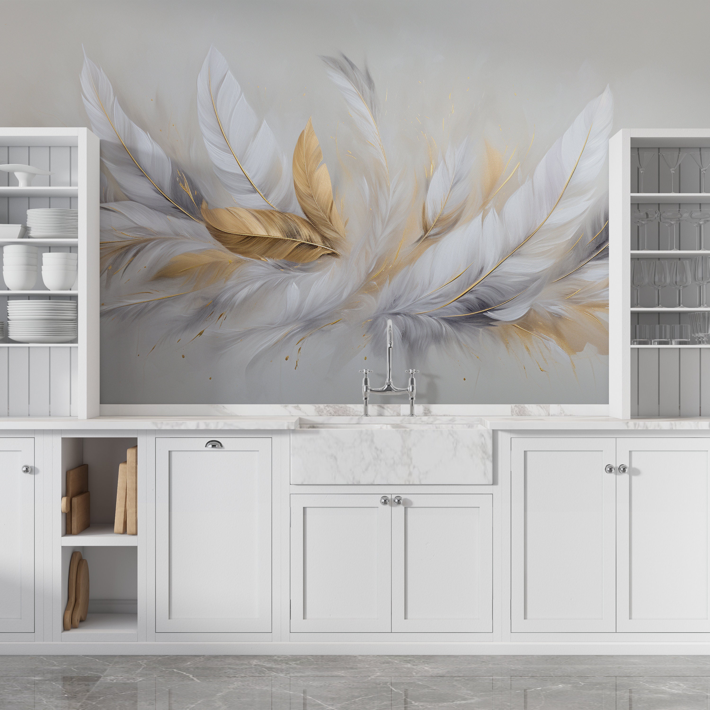 Feather Art Wallpaper White Gold Watercolour Mural Boho Bird - Etsy