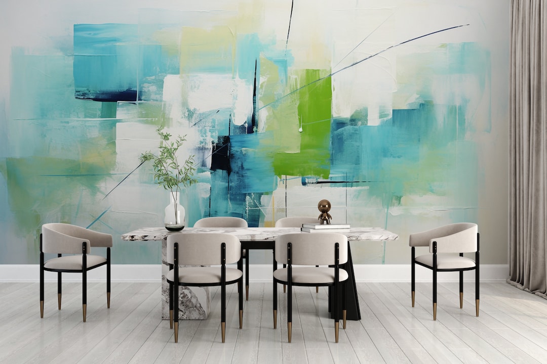 Abstract Art Mural Painting, Turquoise Blue Square Wallpaper, Elegant ...