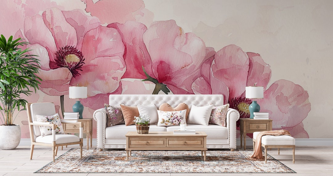 Peony Floral Wallpaper, Pink Flower Mural, Pastel Blossom Peel & Stick ...