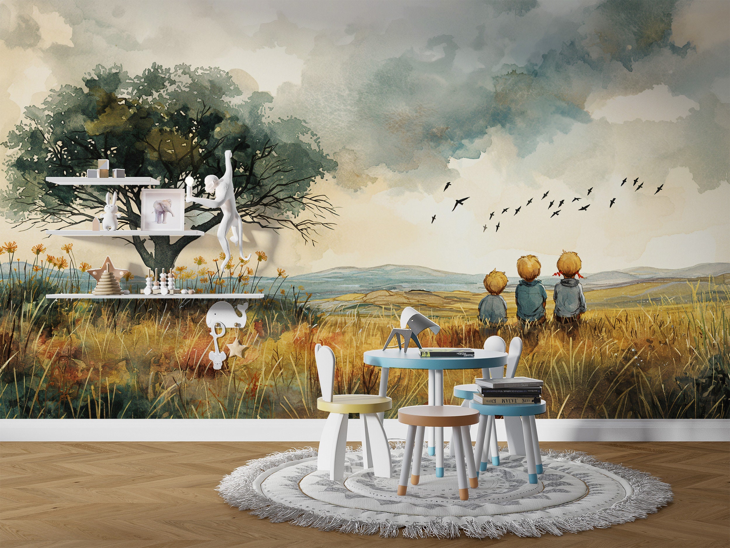 Children Nature Wallpaper Watercolor Tree and Birds With Kids Wall ...