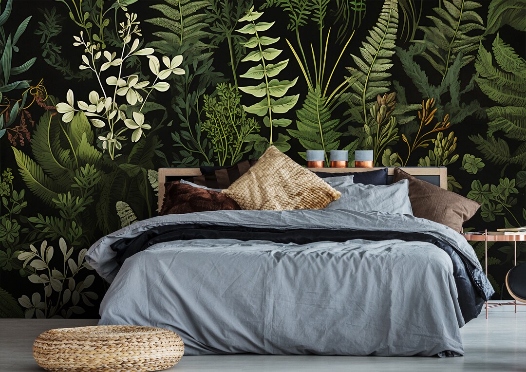 Dark Fern Wallpaper | Dark Peel and Stick Mural | Fern Temporary Mural ...
