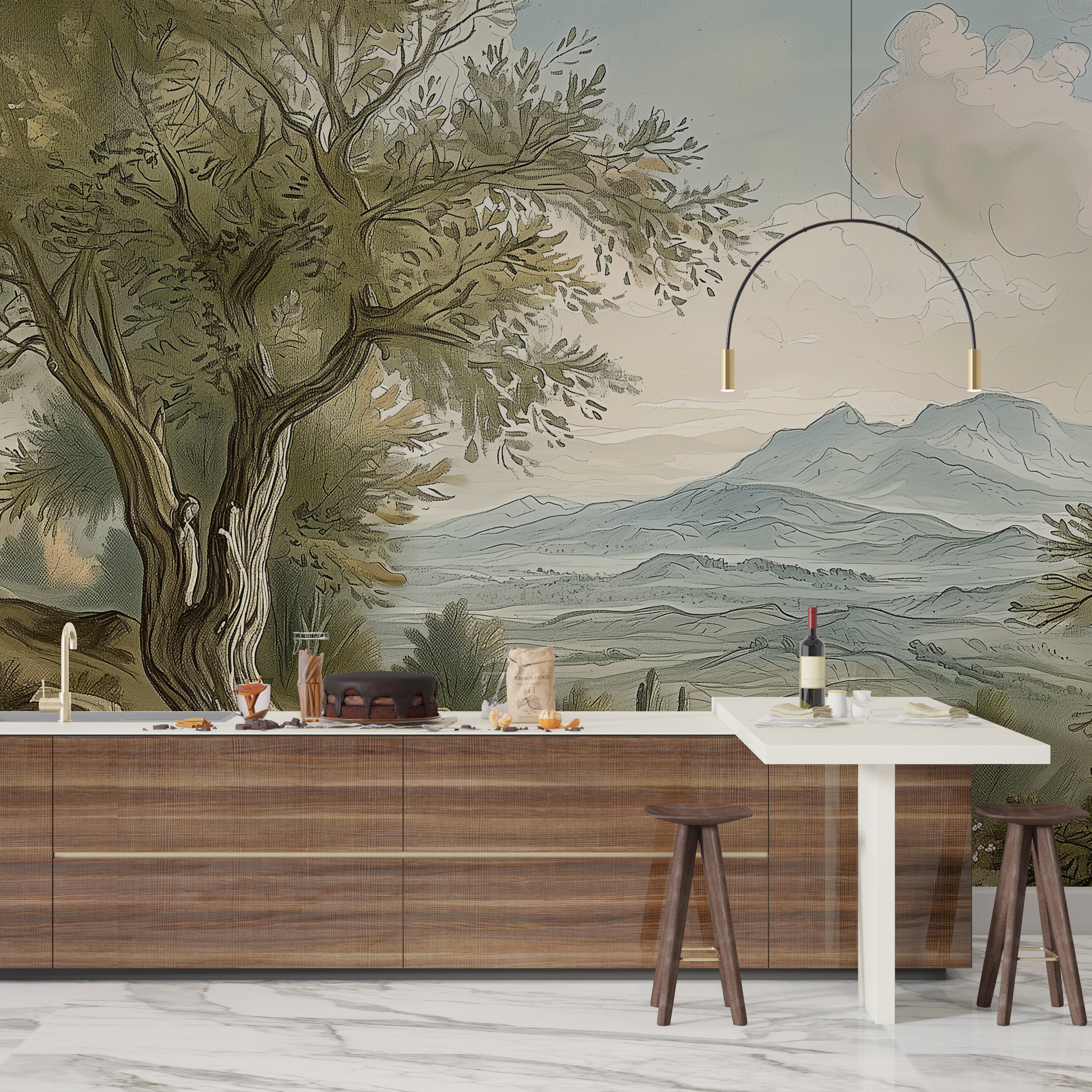 Vintage Landscape Wallpaper, Mountain Mural, Oak Tree Decal, Nature ...