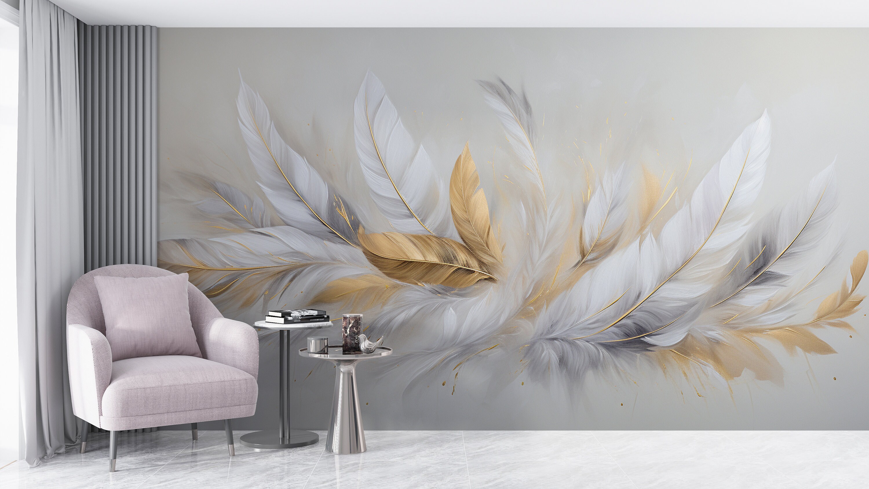 Feather Art Wallpaper White Gold Watercolour Mural Boho Bird - Etsy