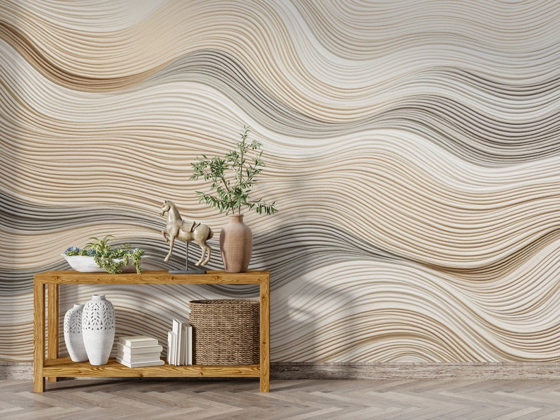 Abstract Wave Line Art Wallpaper, Modern White Beige Grey Mural ...