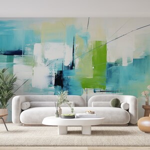 Abstract Art Mural Painting, Turquoise Blue Square Wallpaper, Elegant ...