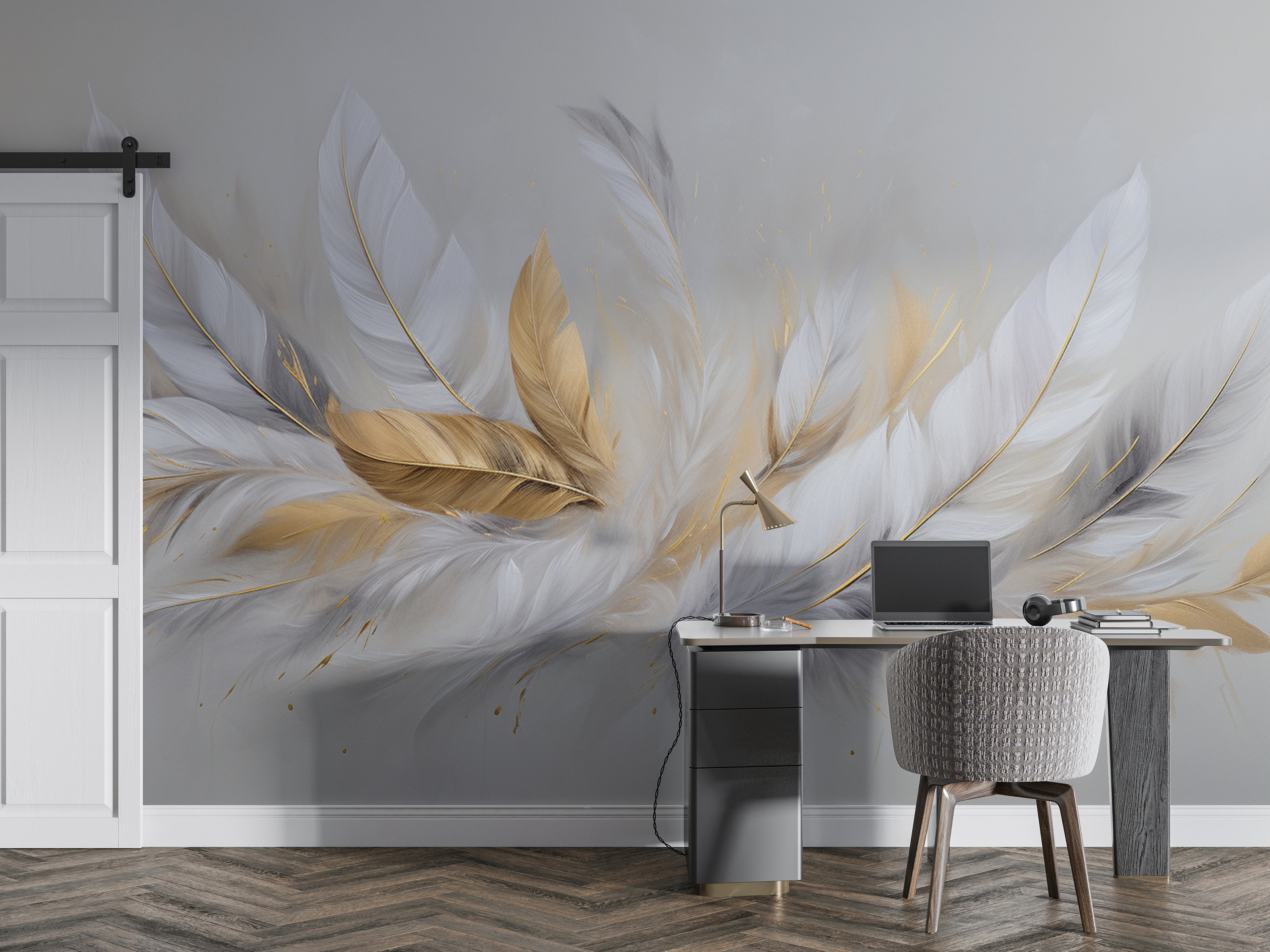 Feather Art Wallpaper White Gold Watercolour Mural Boho Bird - Etsy