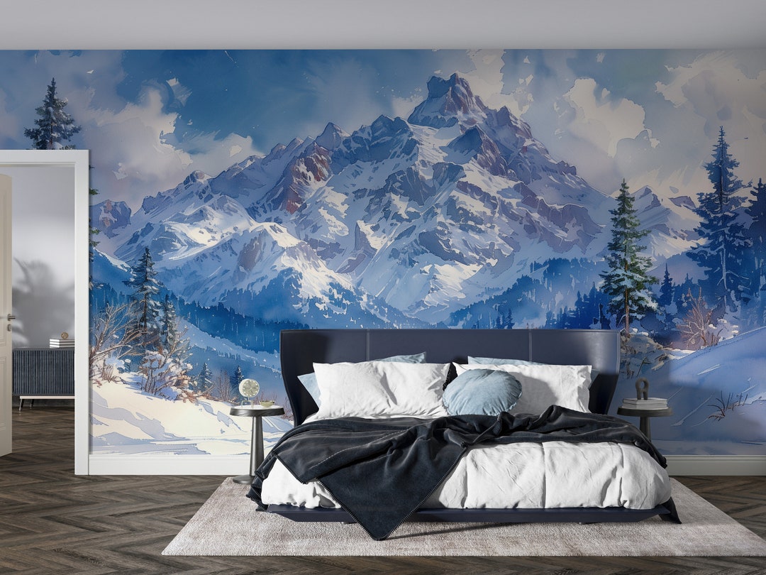 Winter Forest Wallpaper, Snow Alps Mural, Watercolor Mountain Wallpaper ...