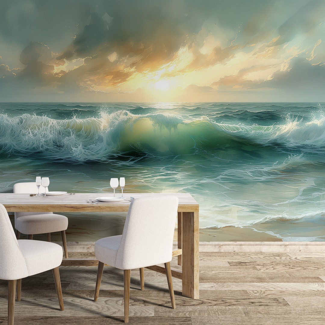 Beach Sea Wave Wallpaper, Ocean Peel & Stick Mural, Soft Watercolour ...