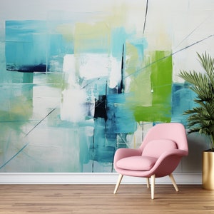 Abstract Art Mural Painting, Turquoise Blue Square Wallpaper, Elegant ...