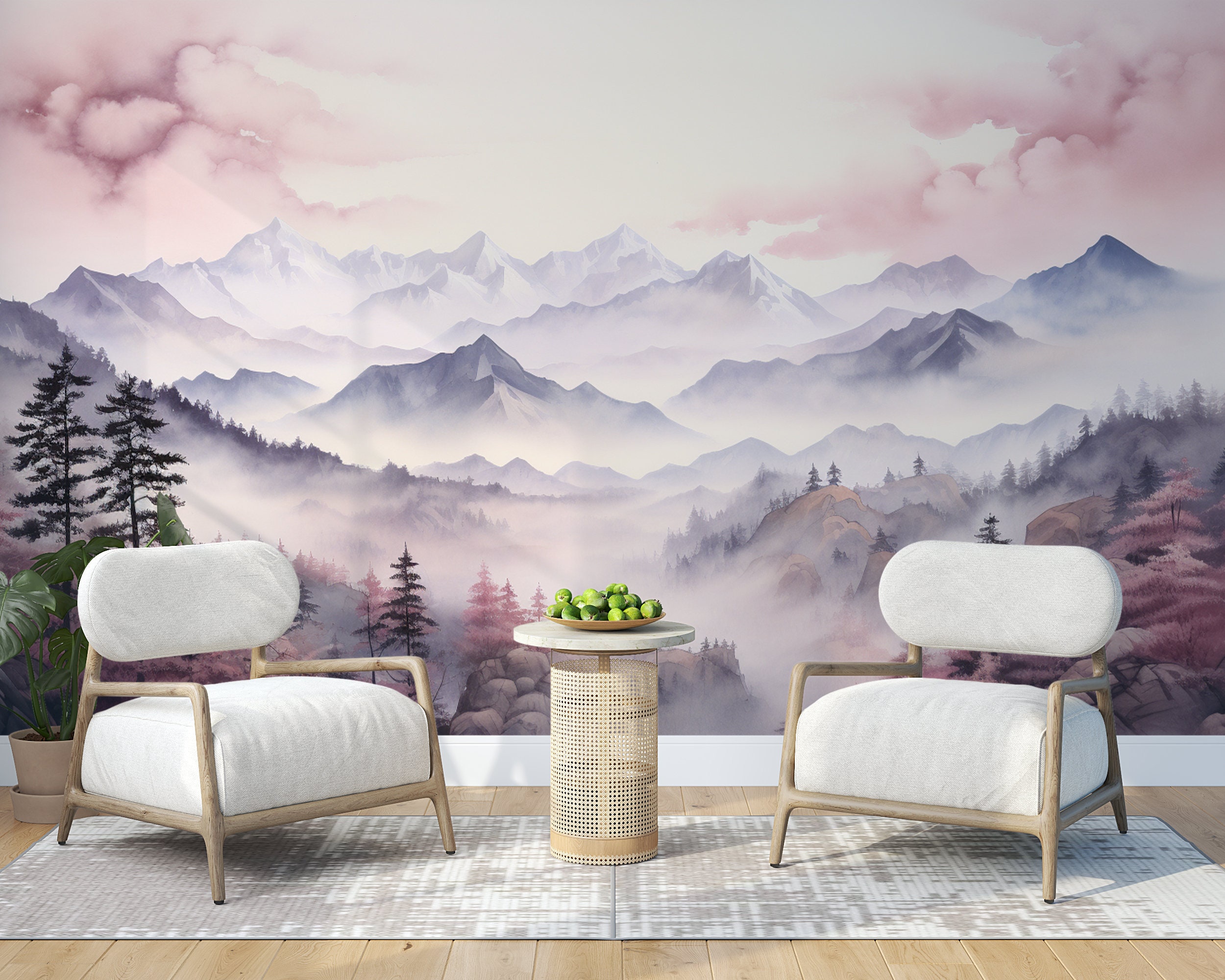 Colorful Mountain Mural, Misty Forest Wallpaper, Forest Landscape Mural ...