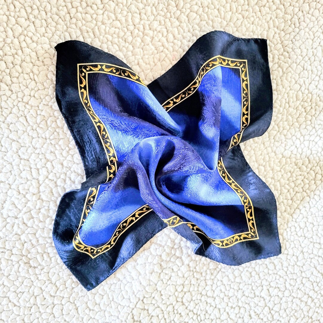 100% SILK Small 14-inch Square Scarf/navy Blue Royal Blue Stripes ...