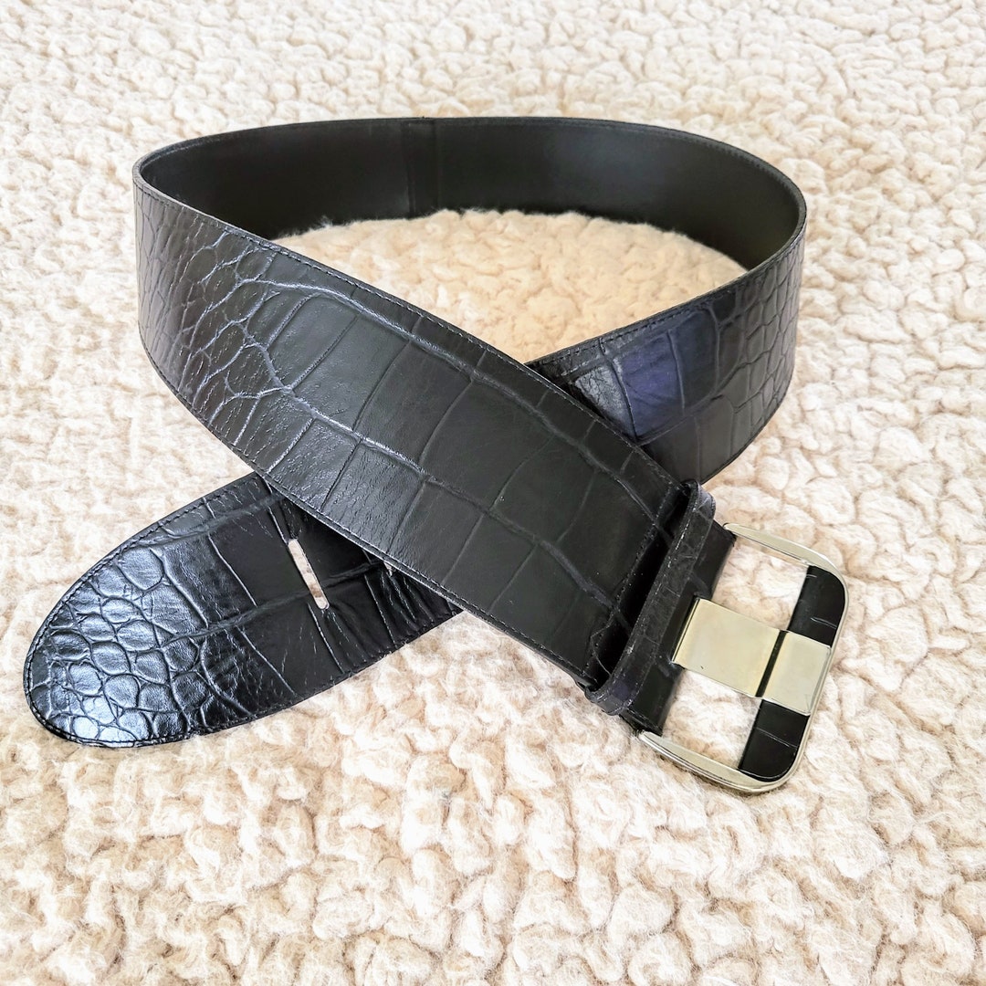 Wide Black Leather Crock Ambossed Women Belt/white House Black Market ...