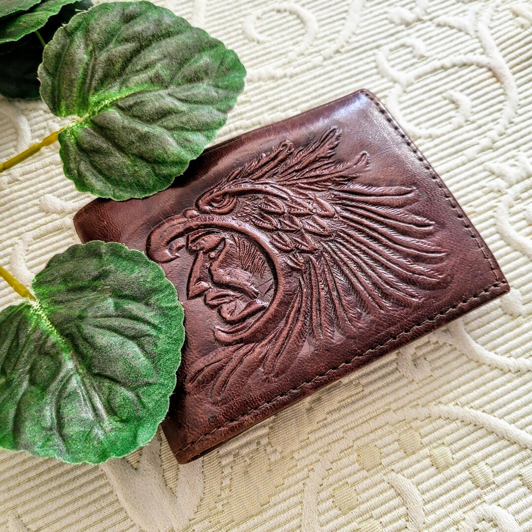 RARE Find/vintage Aztec Art Bi-fold Brown Leather Wallet/tooled Mask ...