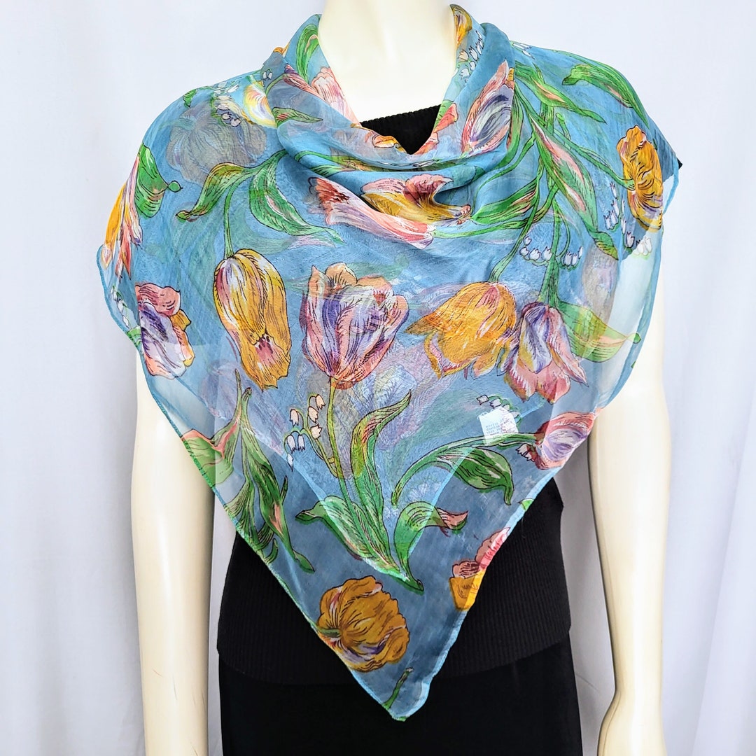 100% RAYAN LIZ SINCLAIR Square Scarf/pastel Sky Blue With Yellow Tulip ...