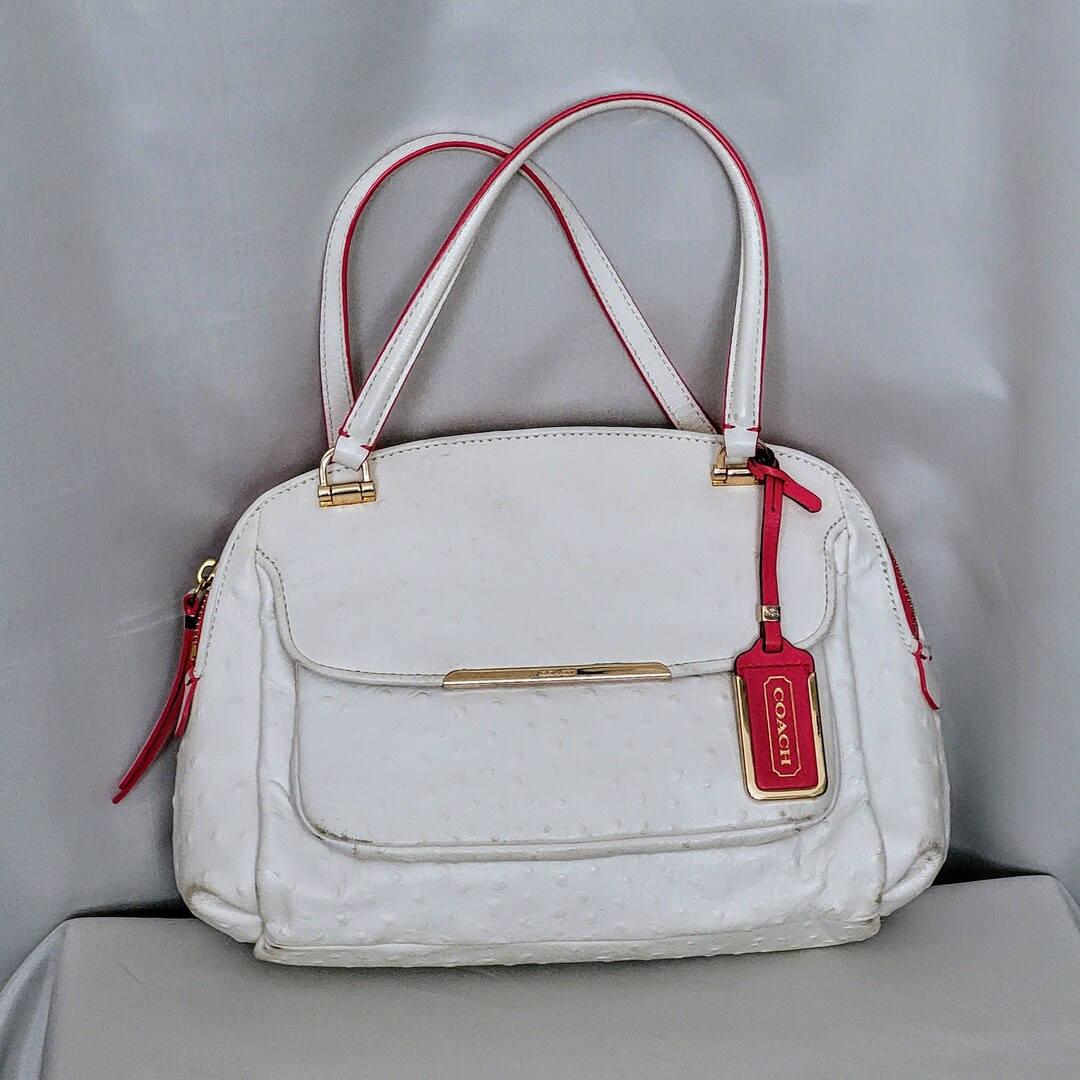 COACH White Ostrich Embossed Leather Handbag With Pink Trim/designer ...