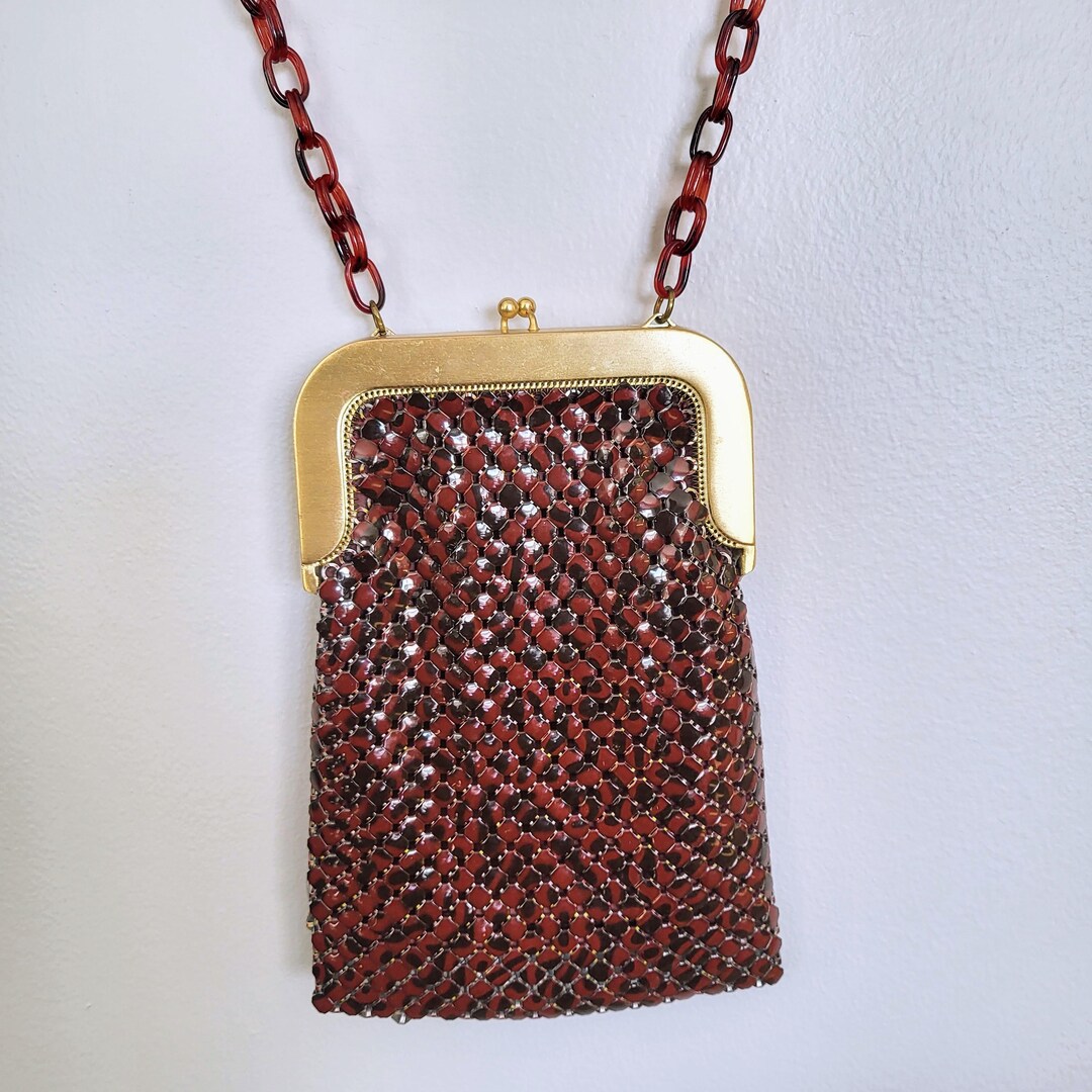 Vintage WHITING & DAVIS Garnet Red Enamel Mesh Evening Bag Gold Frame ...