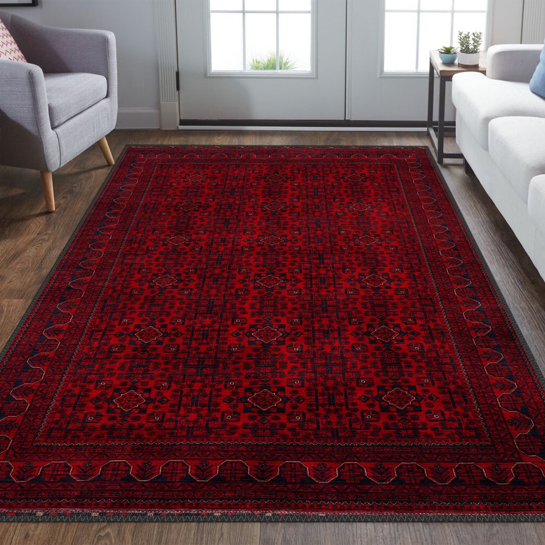 Heriz Vintage Style Dark Red Rug, Traditional Afghan Rug, Oriental Rug ...