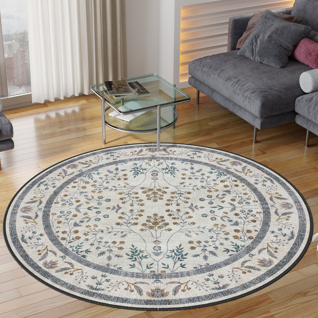 Floral Elegance Round Area Rug, Boho Chic Round Rug, Charming Flower ...