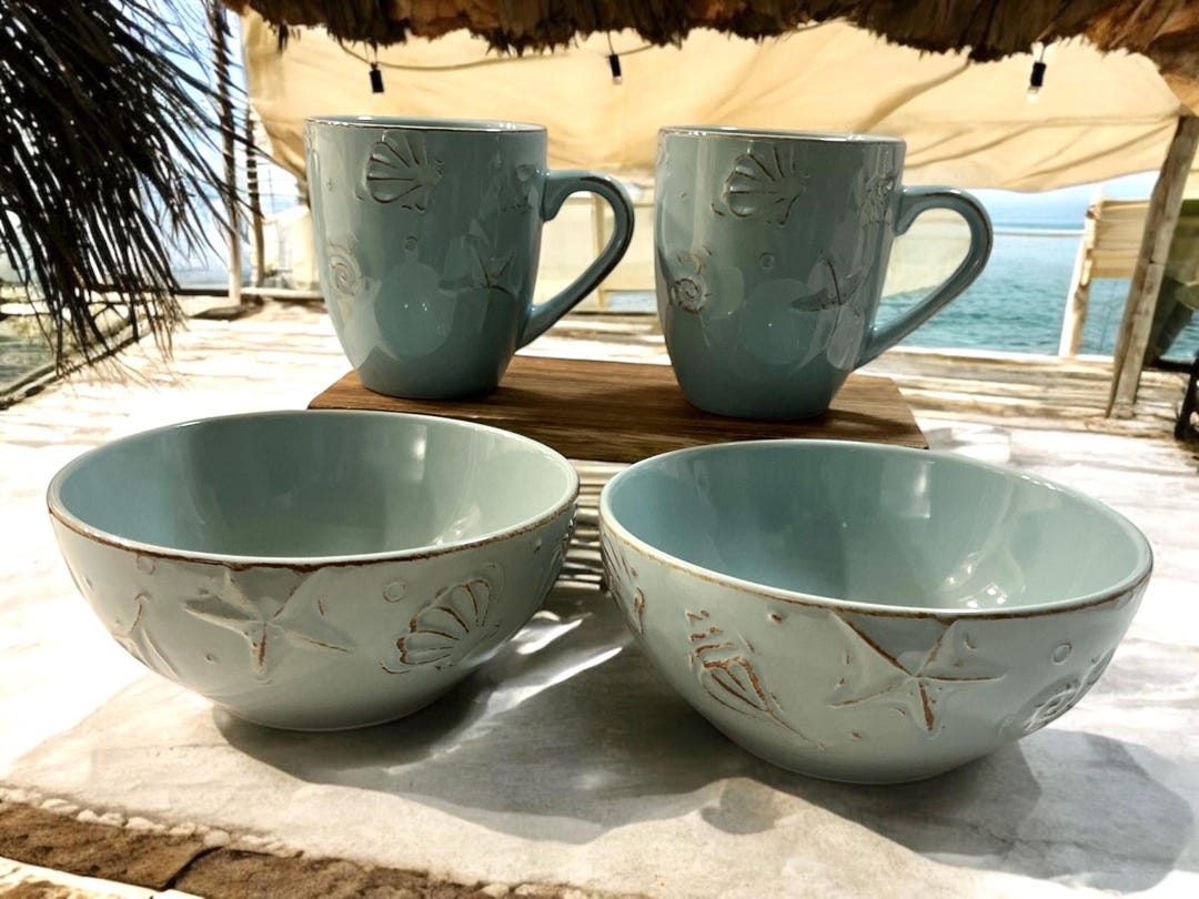 Thomson Set of 4 Mix Pieces Pottery Cape Cod Blue Seashells, 2 Bowls ...
