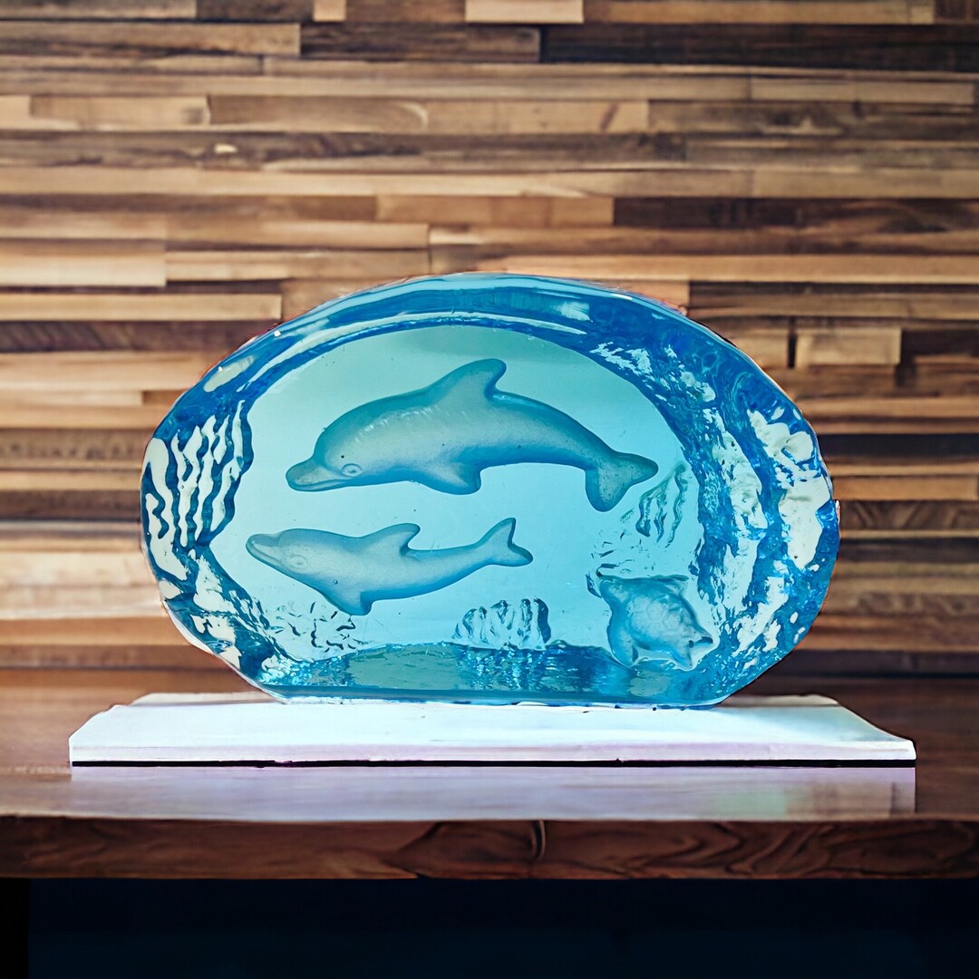 Aqua Blue Art Glass Etched Glass Dolphins/turtle 3-D Ocean Decor ...
