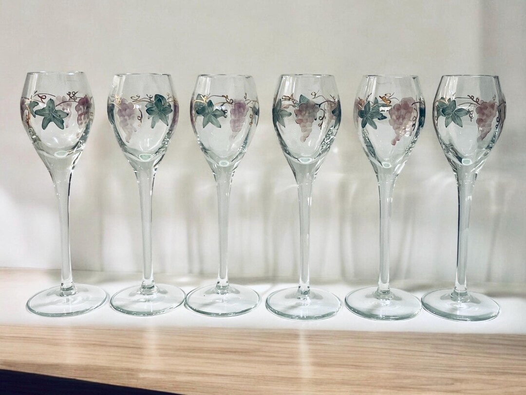 Vintage Set of 6 Rosenberg Romanian 7.5” Wine Glass, Optic Etched Grape ...
