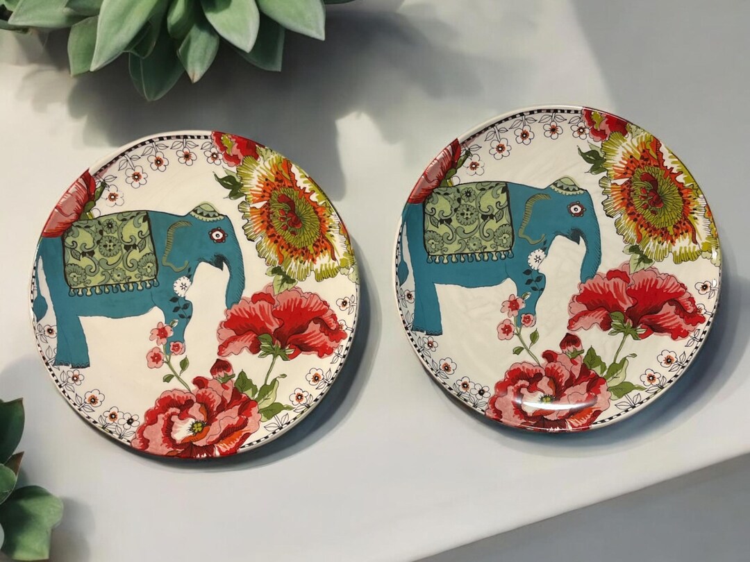 World Market Set of 2 White Blue Elephant 8.5” Plates - Etsy