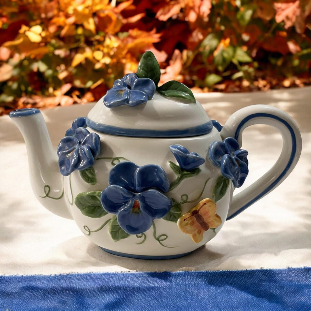 Burton and Burton Blue and White Teapot With Flowers and Butterflies - Etsy