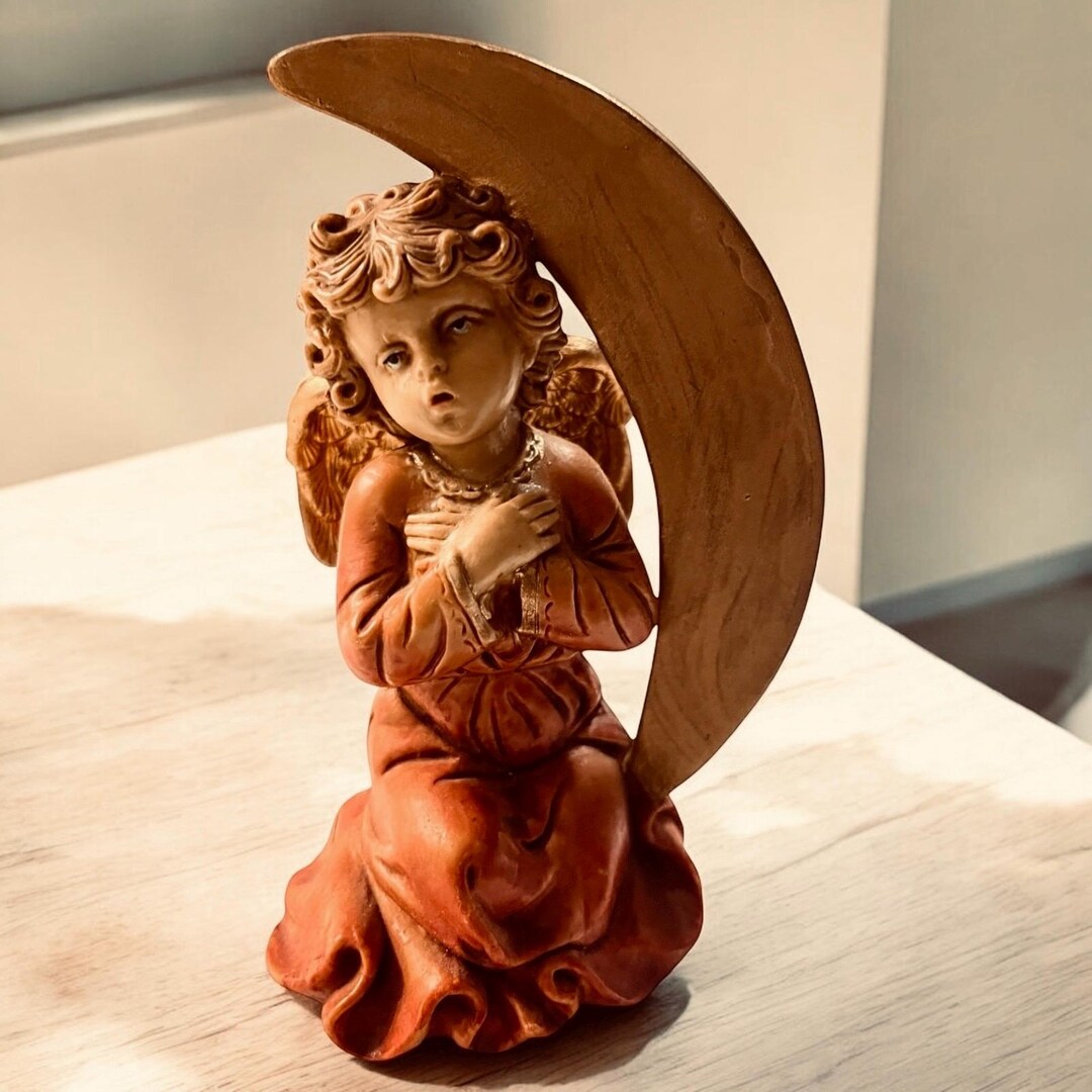 Vintage Fontanini Style Handpainted Kneeling Angel, Gold Moon Arch From ...