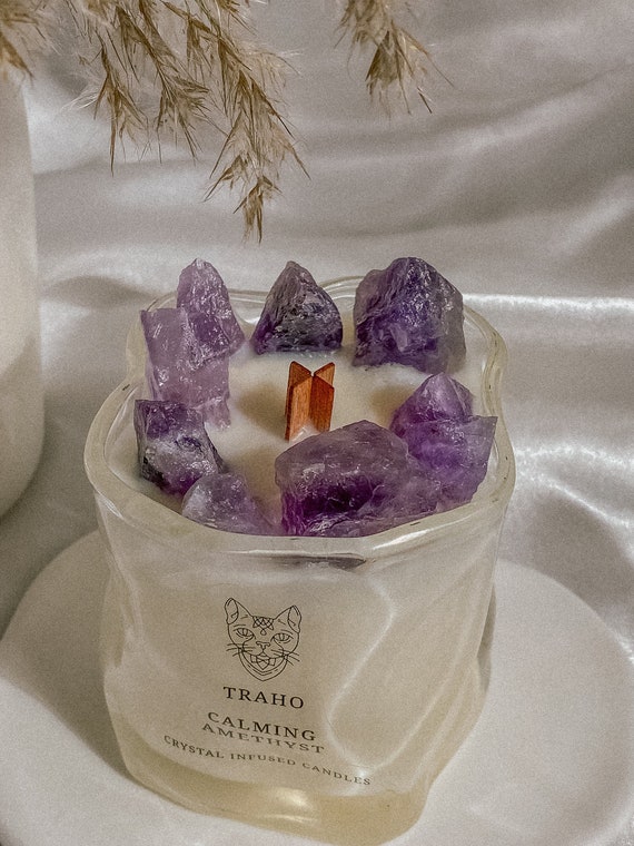 Traho Calming Amethyst Crystal Infused Soy Wax Natural 7 OZ. Handmade Ritual CANDLE With Wooden Wick Glitters Natural Aromatherapy Candle Etsy