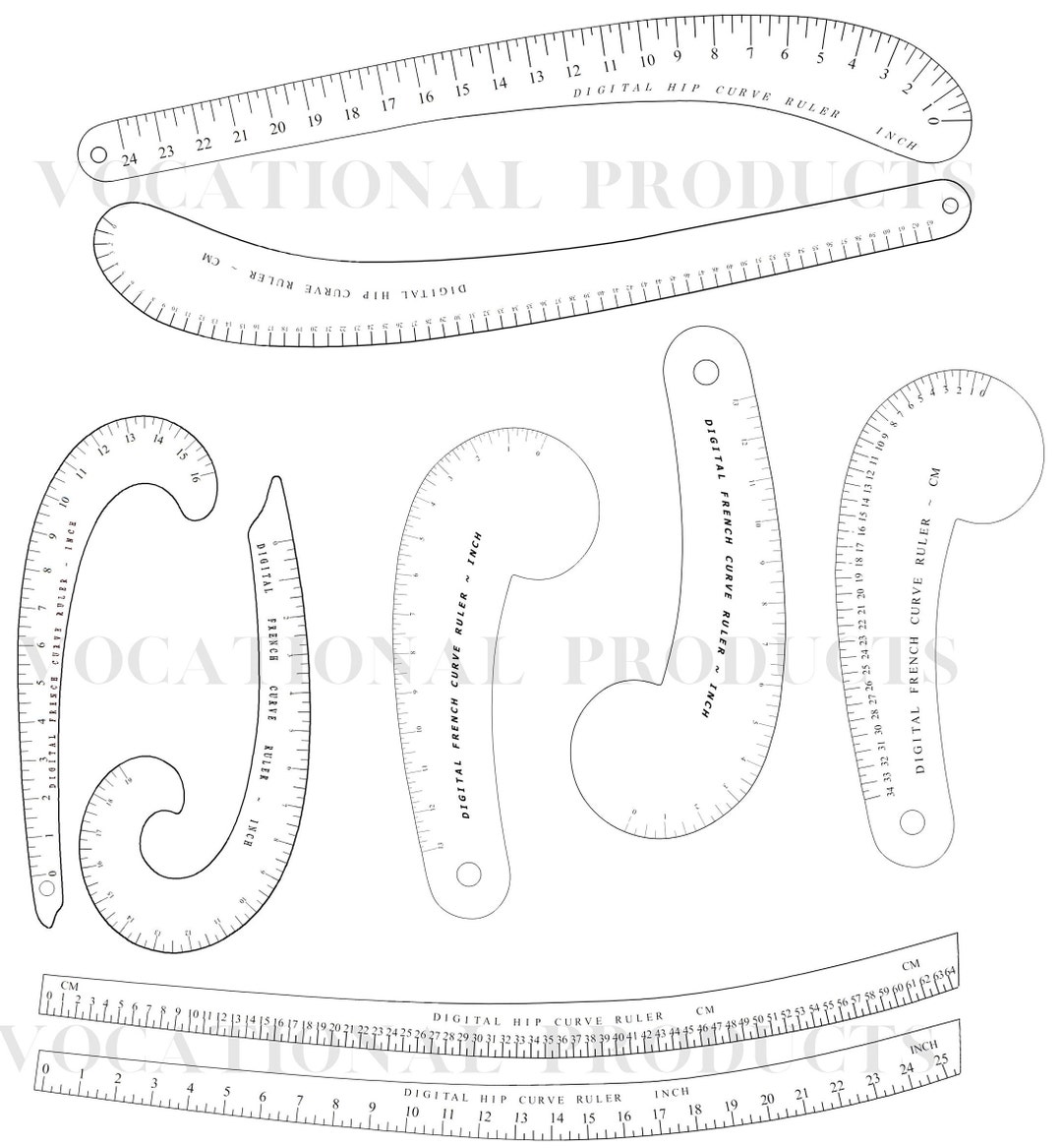 Digital French Curve Rulers; 16”, 19”, 13"/34cm and Hip Curve Rulers ...