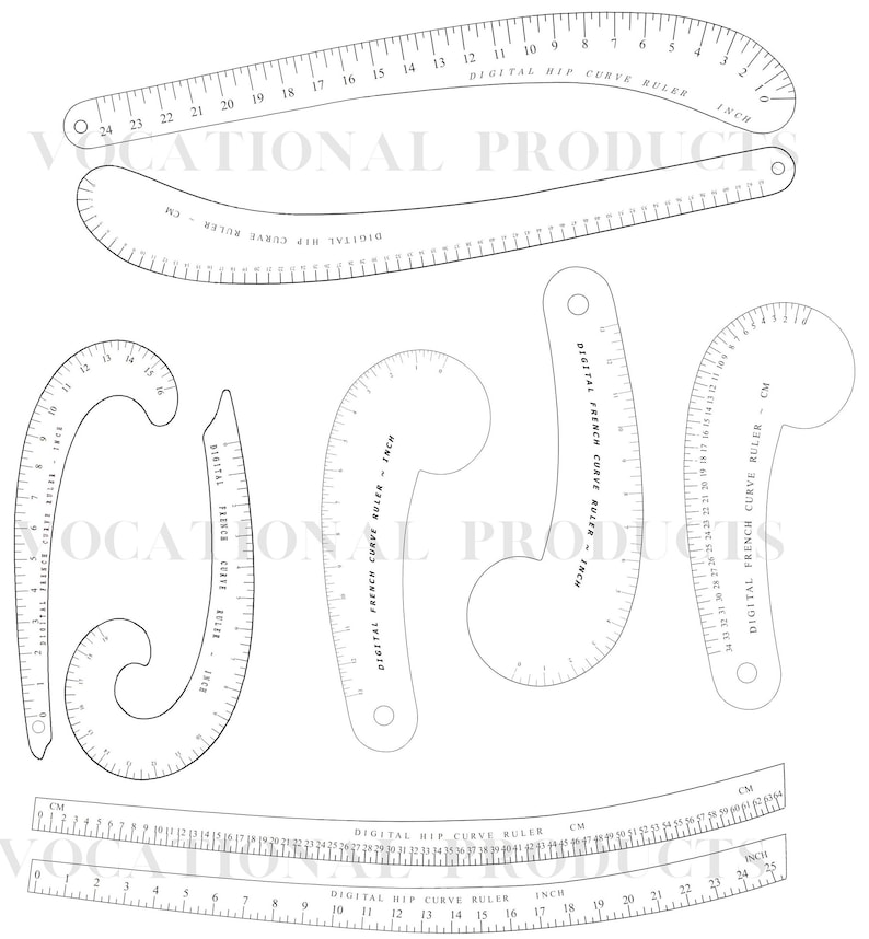 Digital French Curve Rulers; 16”, 19”, 13"/34cm and Hip Curve Rulers ...