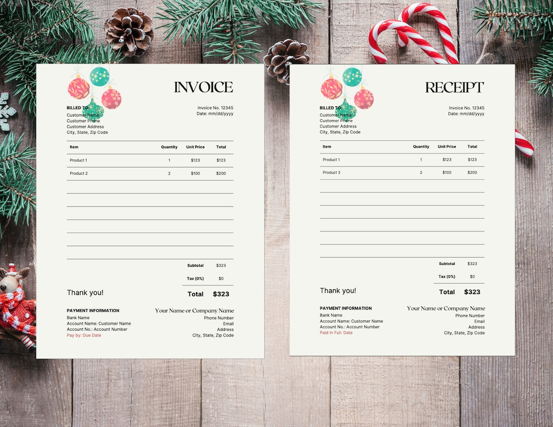 PDF Downloadable Christmas Invoice and Receipt Holiday-themed Billing ...