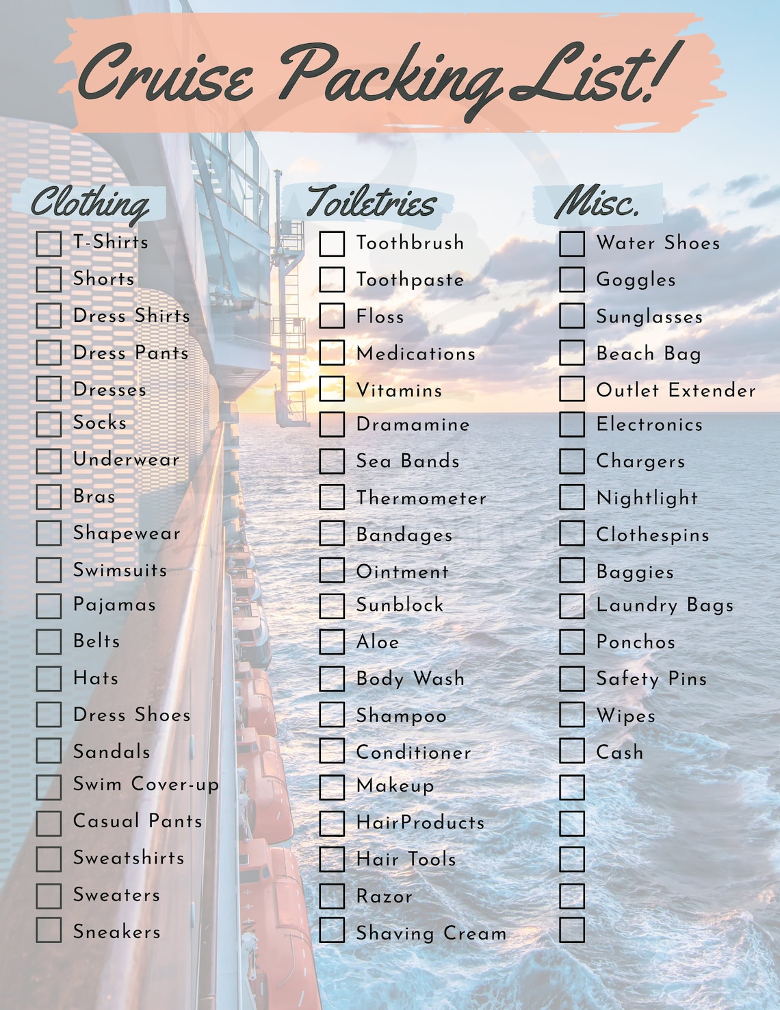 Digital Download | Cruise Packing List | Printable PDF | Letter Size - Etsy