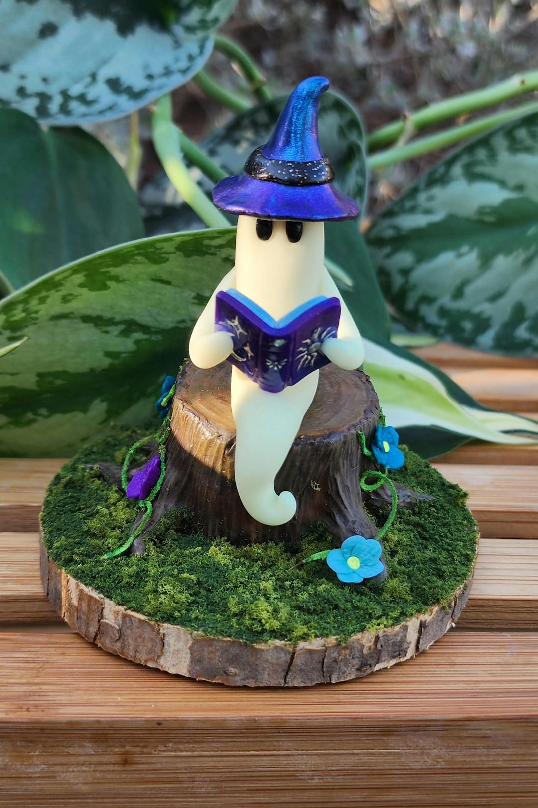 Witch Ghost Figurine: Reading Spell Book Sitting on Tree Stump ...