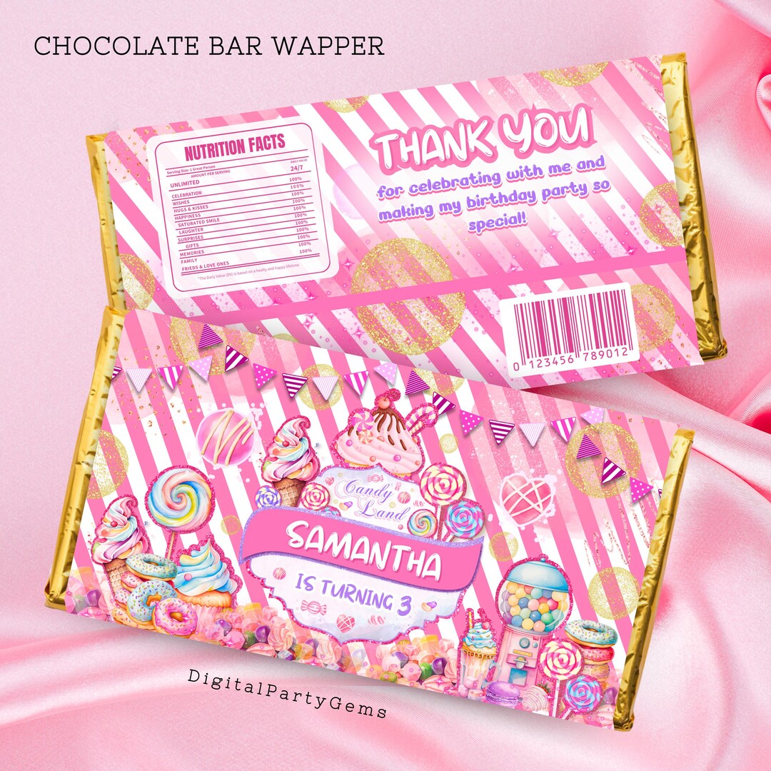Candy Land Chocolate Bar Wrapper Sweet Candies Shop Party Wrap Editable ...