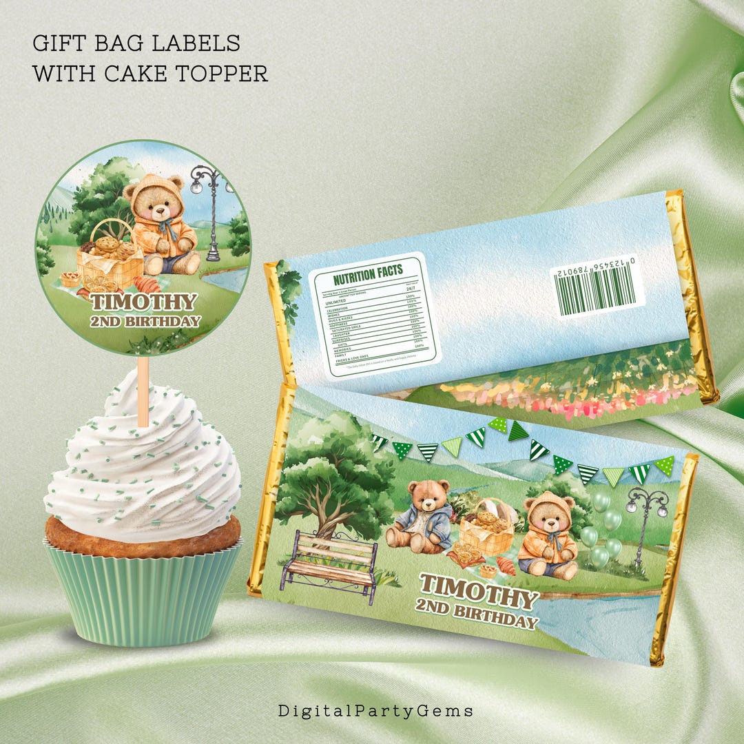 Teddy Bear Picnic Chocolate Wrapper With Cake Topper Greenery Bear ...