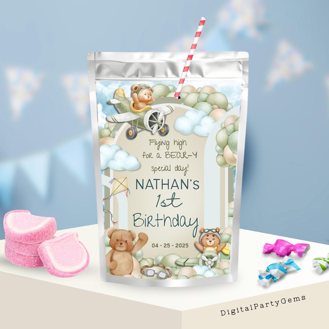 Teddy Bear Pilot Juice Label Boy Airplane Theme Party Custom Juice ...