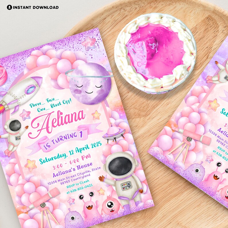 Outer Space Pastel Girl Invitation Astronaut Theme Party Invite Pastel ...