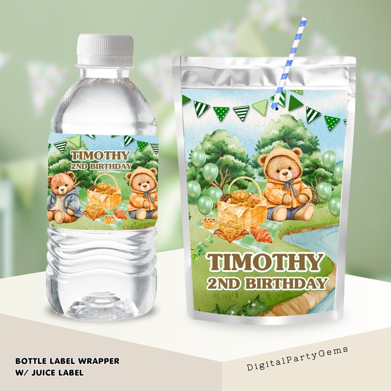 Teddy Bears Picnic Bottle & Juice Label Greenery Bear Theme Party ...