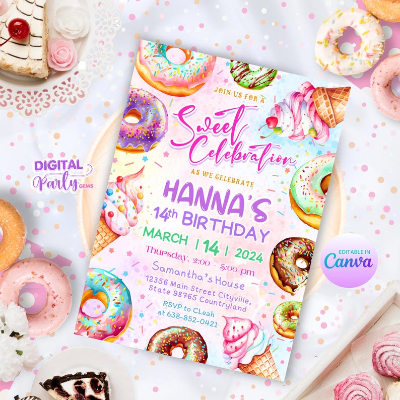 Sweet Ice Cream and Donut Invitation Sweet Celebration Party Invite ...