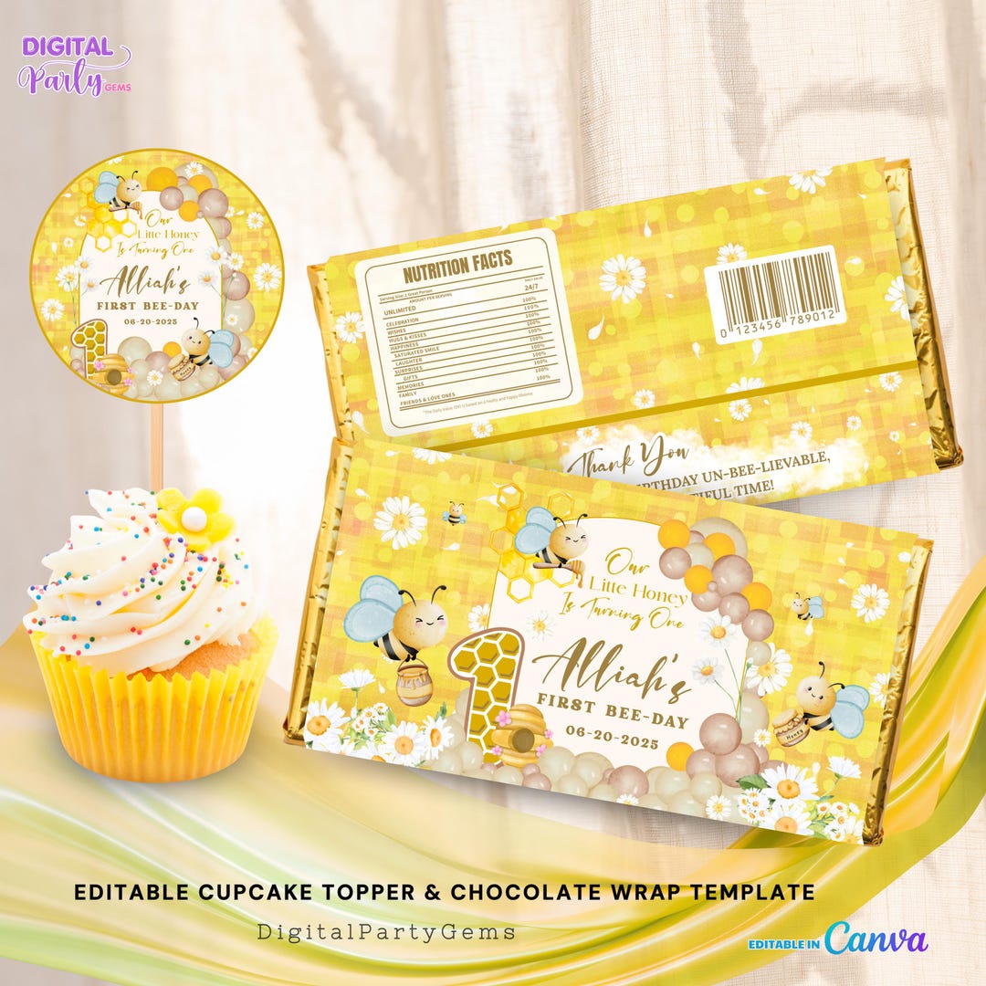 Bee First Birthday Chocolate Bar Wrapper & Cupcake Topper Girl Bee-day ...