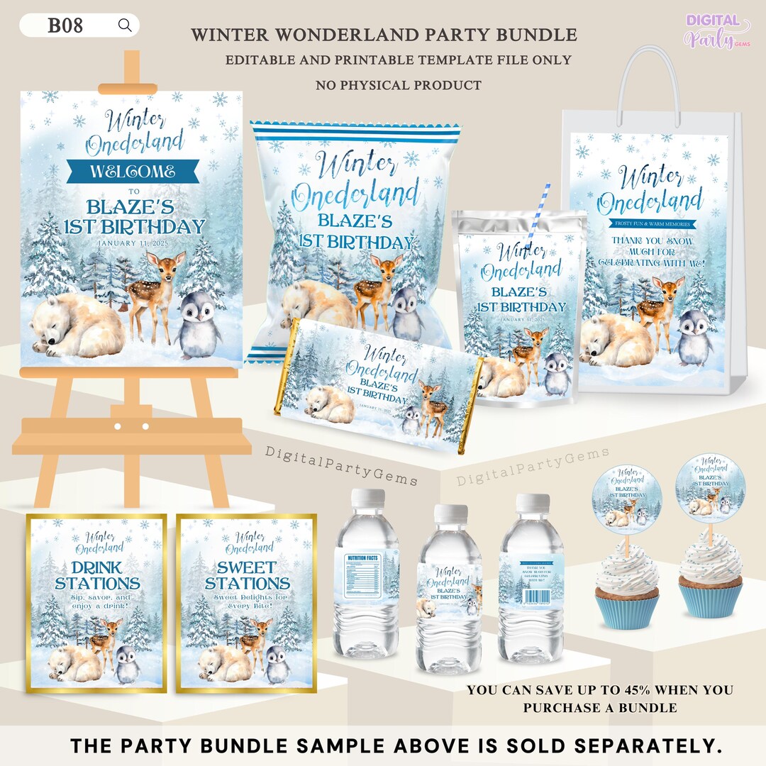 Winter Onederland Birthday Bundle Template Winter Animals Woodland ...
