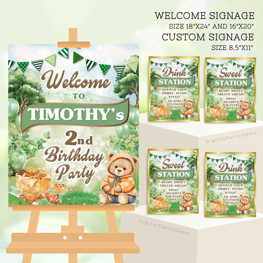 Teddy Bears Picnic Welcome Signage With Custom Sign Greenery Bear ...