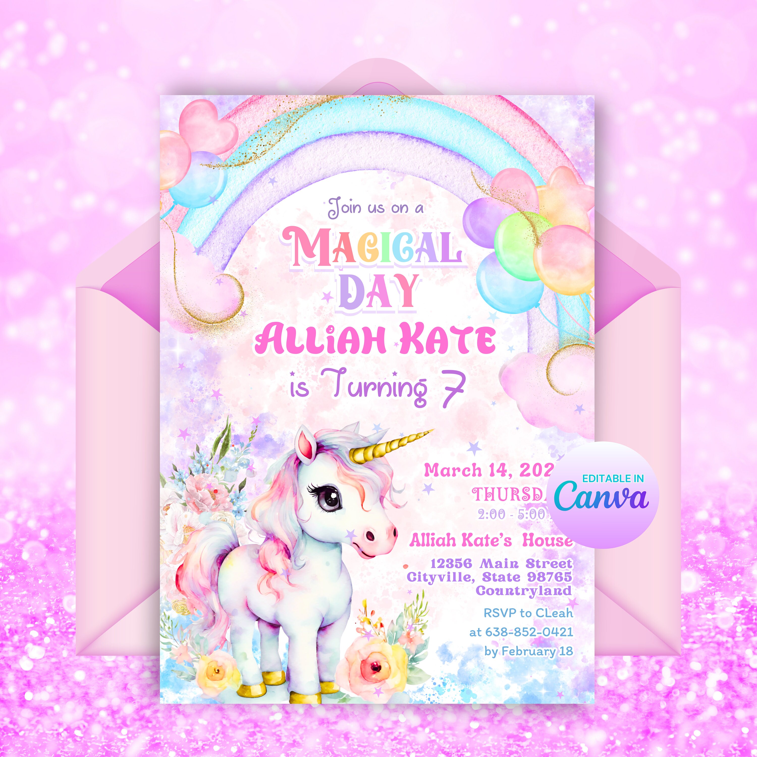 Cute Unicorn Invitation Pastel Rainbow Party Invite Editable Template ...