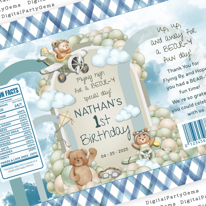 Teddy Bear Pilot Chip Bag Wrapper Boy Airplane Theme Party Favor Chip ...