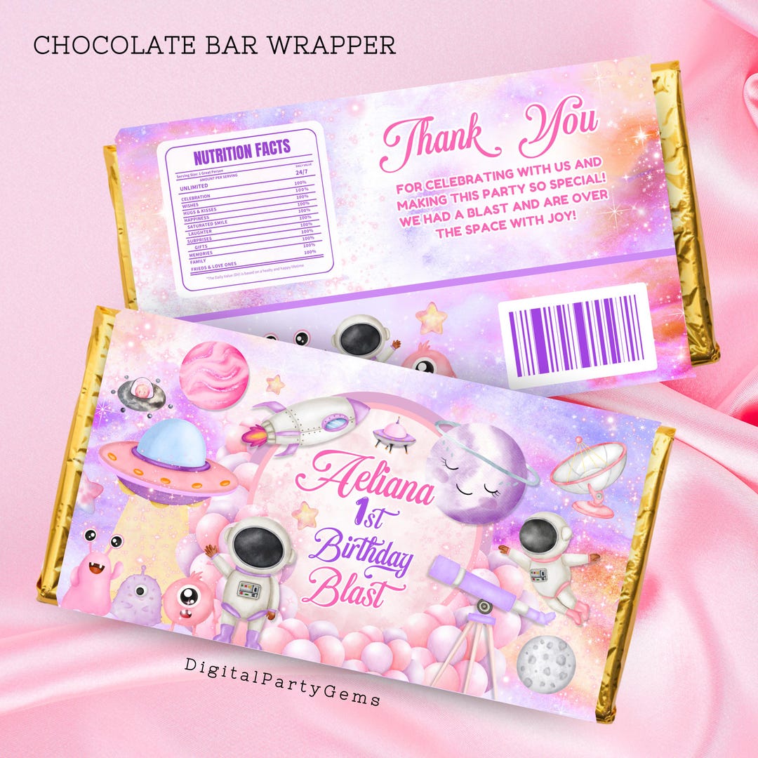 Outer Space Chocolate Bar Wrapper Astronaut Girl Party Wrap Editable ...