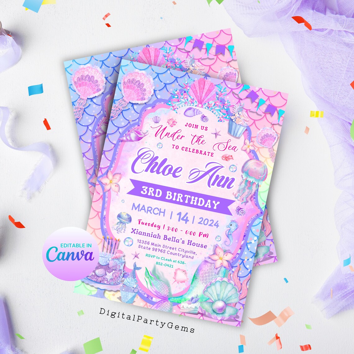 Mermaid Birthday Invitation Under the Sea Pastel Party Invite Editable ...